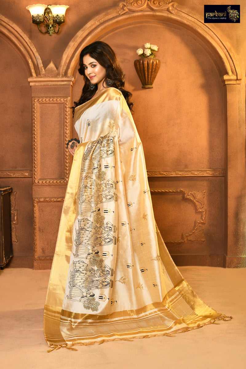 Parbani Women Eloquent Ivory Kerala Silk Saree – PARBANI