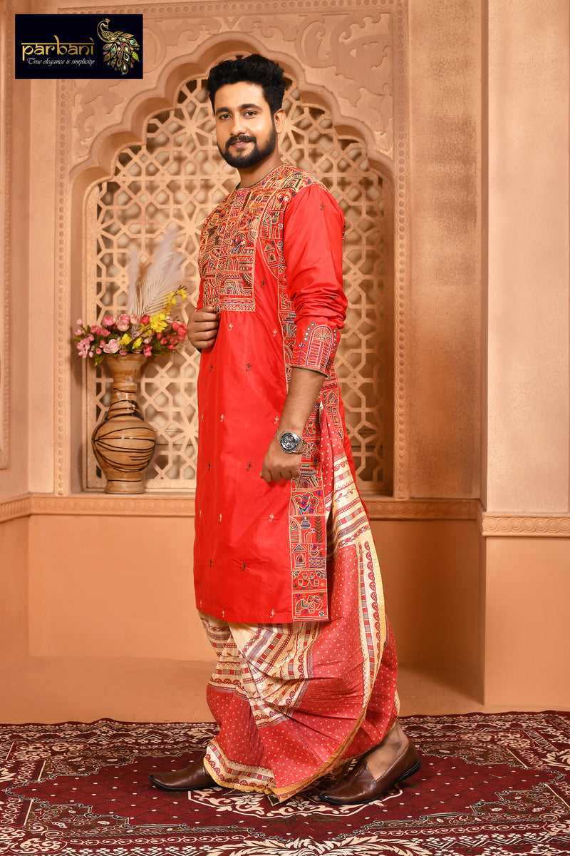 Parbani Men Silk Kurta with all over Aari Embroidery depicting Rajasth ...