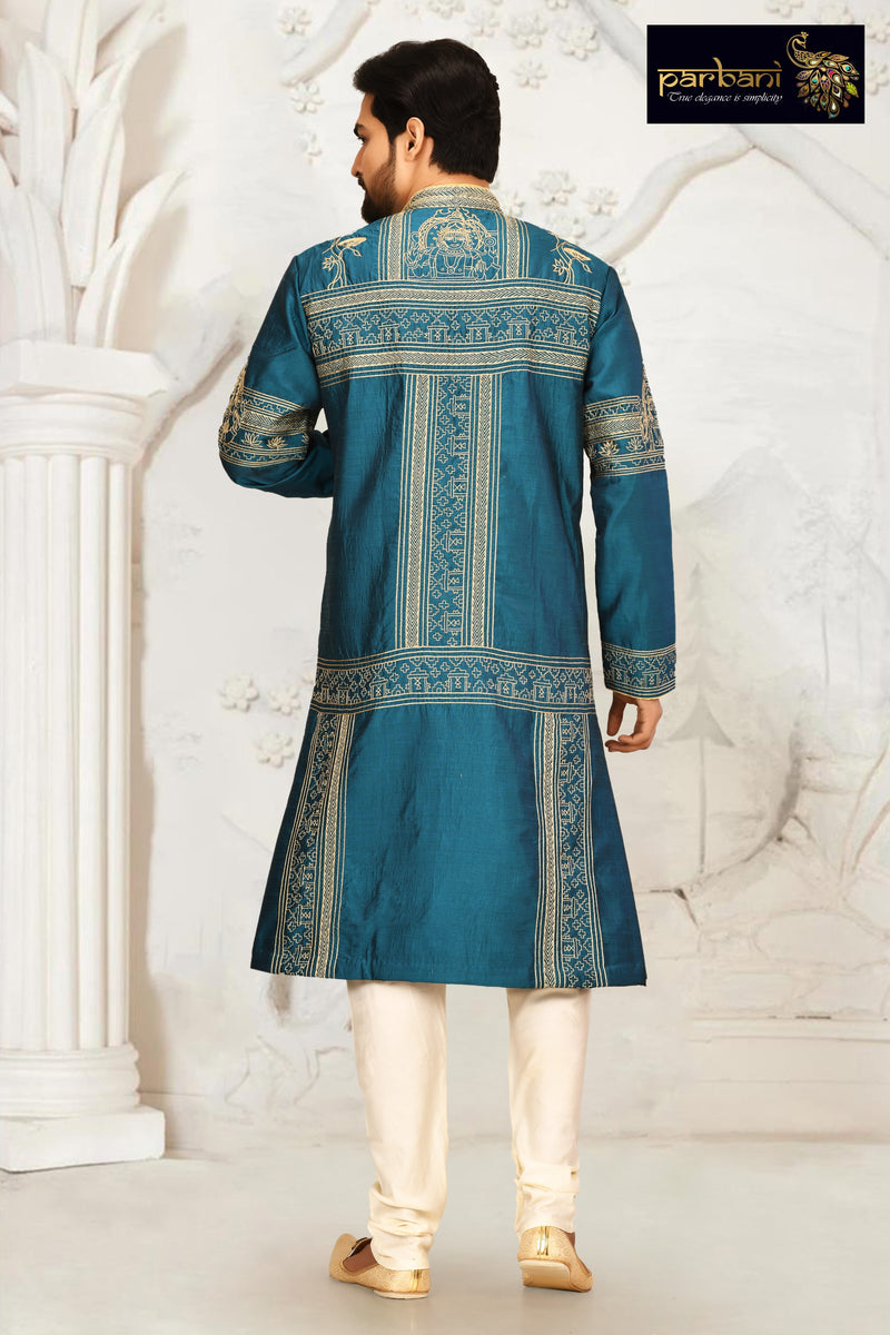 Parbani Men Royal Silk Achkan with all over Aari Embroidery Portraying ...